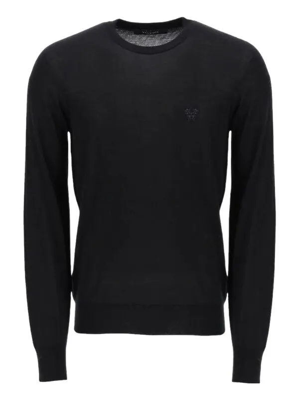 Versace Logo Embroidered Crewneck Knitted Jumper - Black