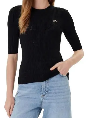 TWINSET Ribbed Embellished Top - Black