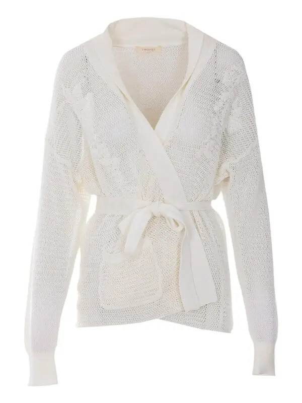 TWINSET Belted Embroidered Knit Cardigan - White