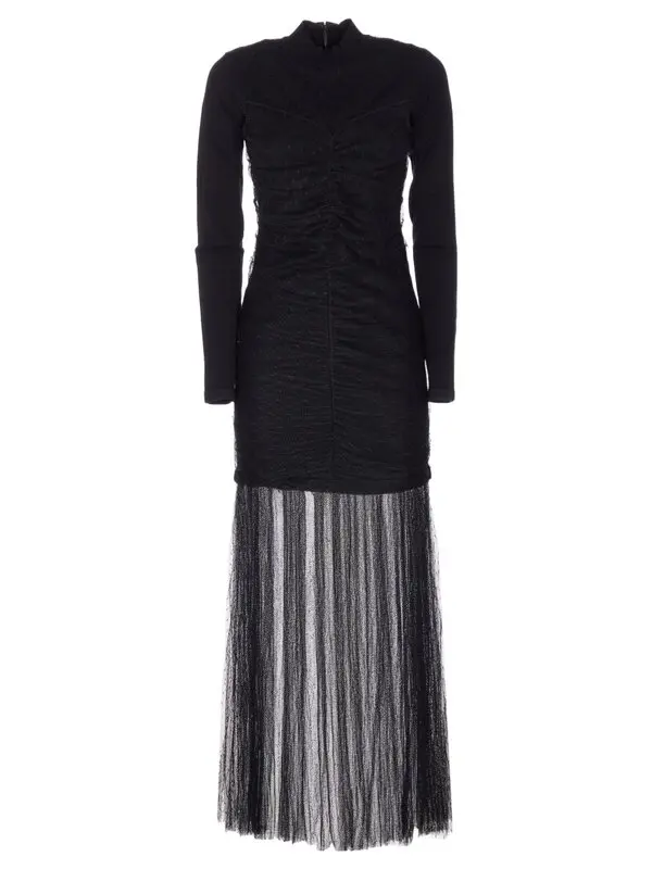 TWINSET Long Sleeve High Neck Tulle Maxi Dress - Black