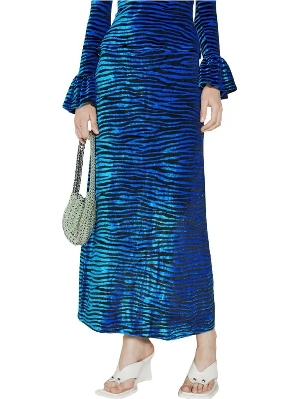 Rabanne Velvet Zebra Print Maxi Skirt - Blue