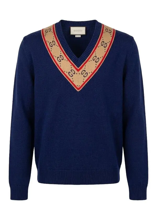 Gucci V-neck Pullover With Gg Detail - Blue