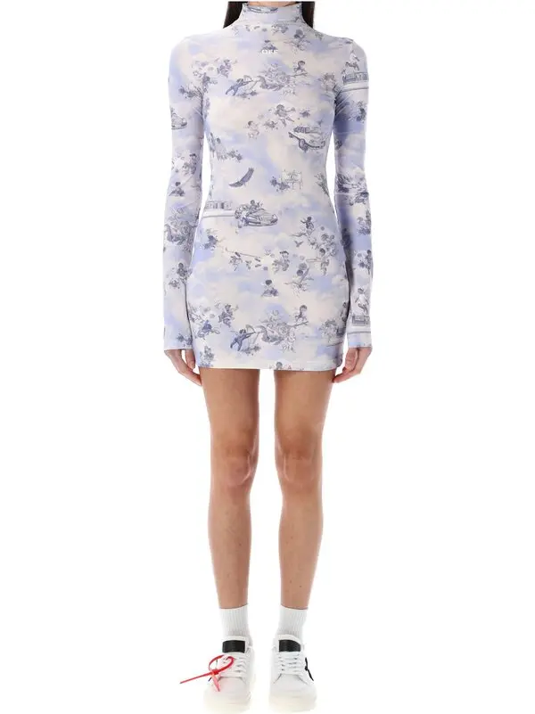 Off-White High Neck Printed Mini Dress - White