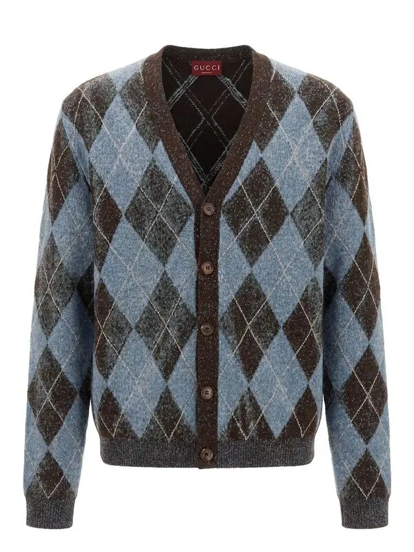 Gucci Argyle Knit Cardigan - Gray Blue And Brown