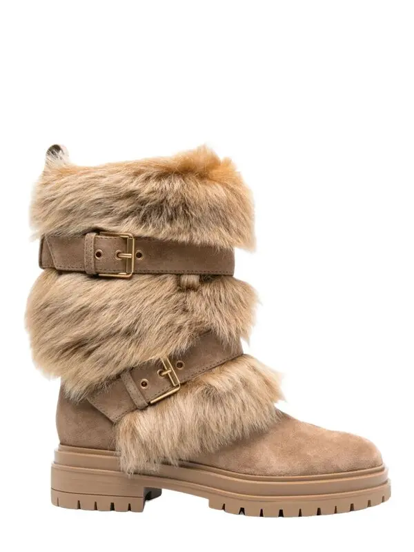 GIANVITO ROSSI Double Buckled Round Toe Boots With Fur Trim - Camel