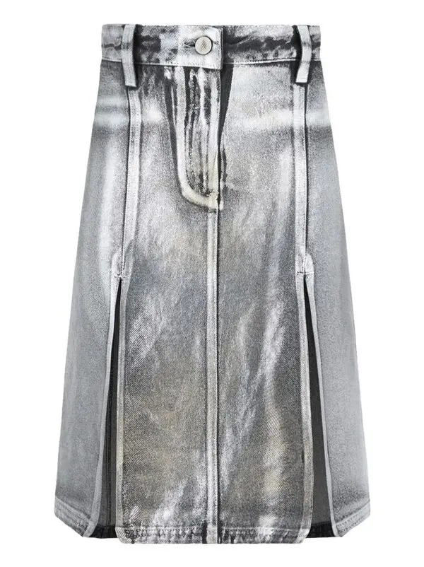 Attico Coated Denim Midi Skirt With Side Slits - Silver