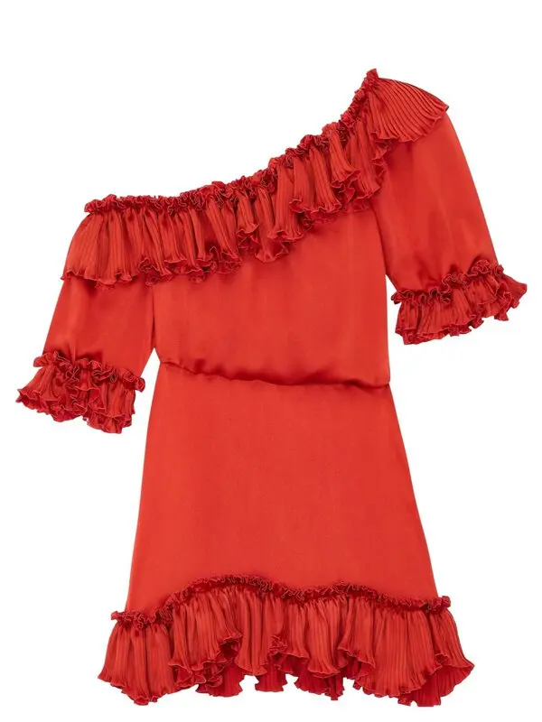 Saint Laurent One-shoulder Ruffled Dress - Orange-red
