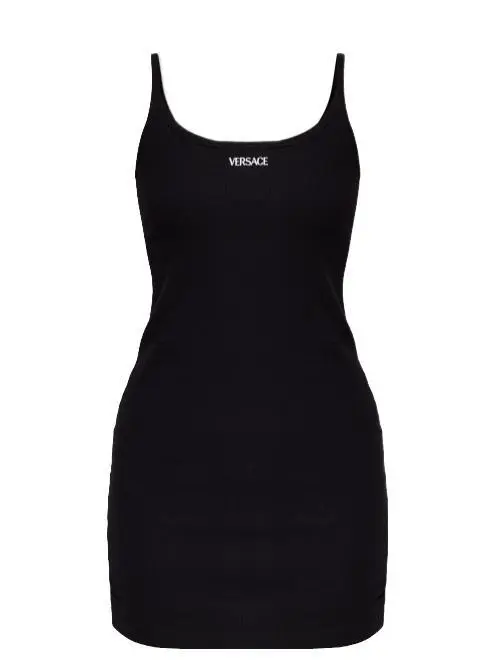 Versace Logo Embroidered Ribbed Mini Dress - Black