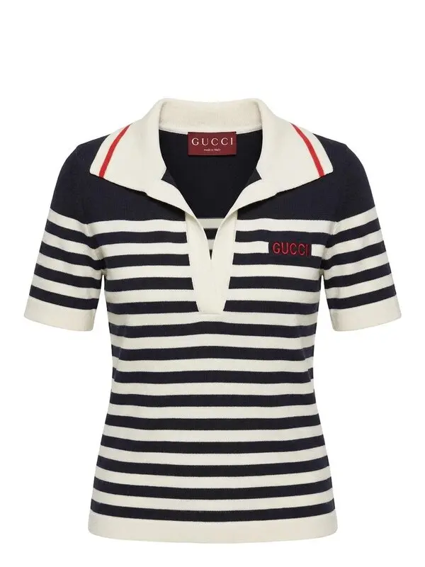 Gucci Striped Knit Polo Top With Red Trim - Dark Blue And Ivory