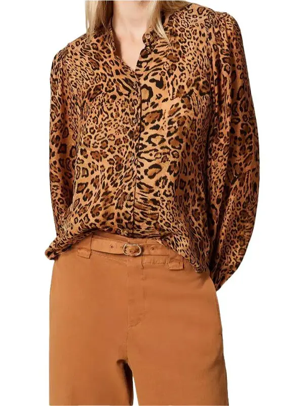 TWINSET Leopard-print Mock-neck Shirt - Brown