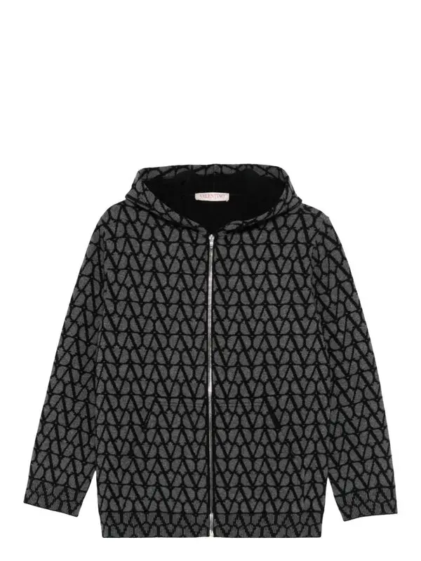 Valentino Garavani Vlogo Print Zip-up Hooded Cardigan - Coal Gray/black