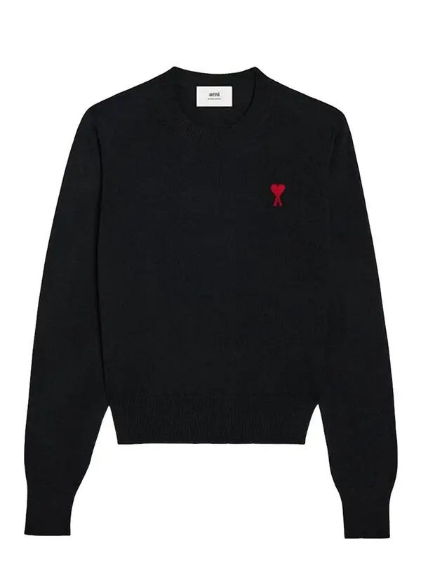 Ami Crewneck Jumper With Red De Coeur Embroidery - Black