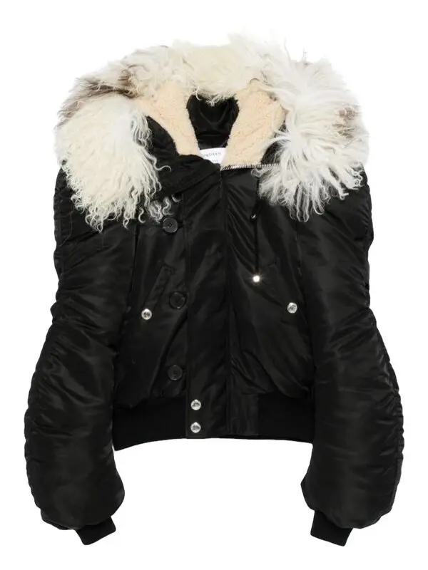 Alexander McQueen Shearling Trim Ruched Bomber Jacket - Black