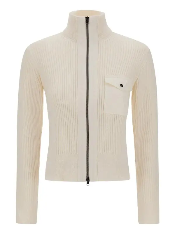 Herno Ribbed Knit Zip-up Sweater With Chest Pocket - Nude