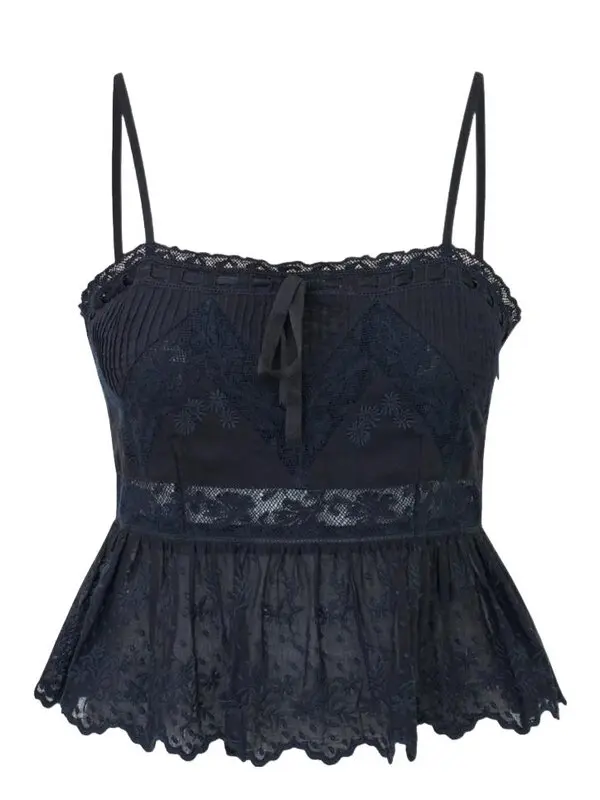 LoveShackFancy Rowina Lace Peplum Top - Black