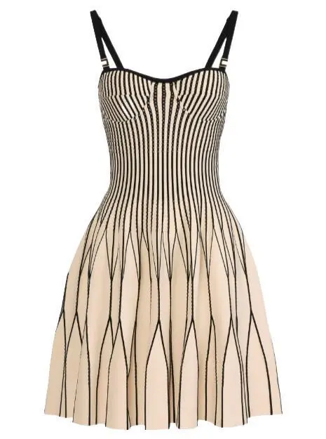 Elisabetta Franchi Striped Knit Midi Dress With Pleated Skirt - Donkey Skin Color/black