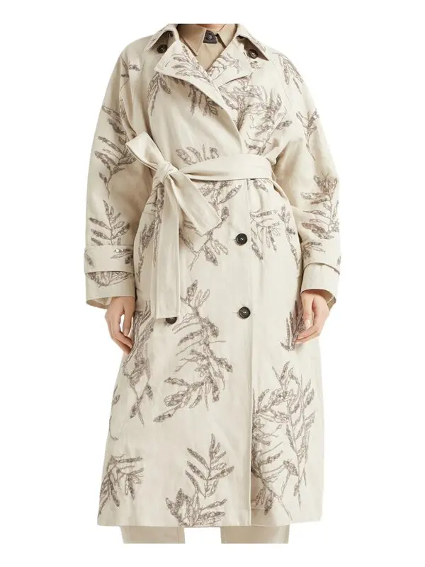 Brunello Cucinelli Herbarium Embroidered Trench Coat - Beige
