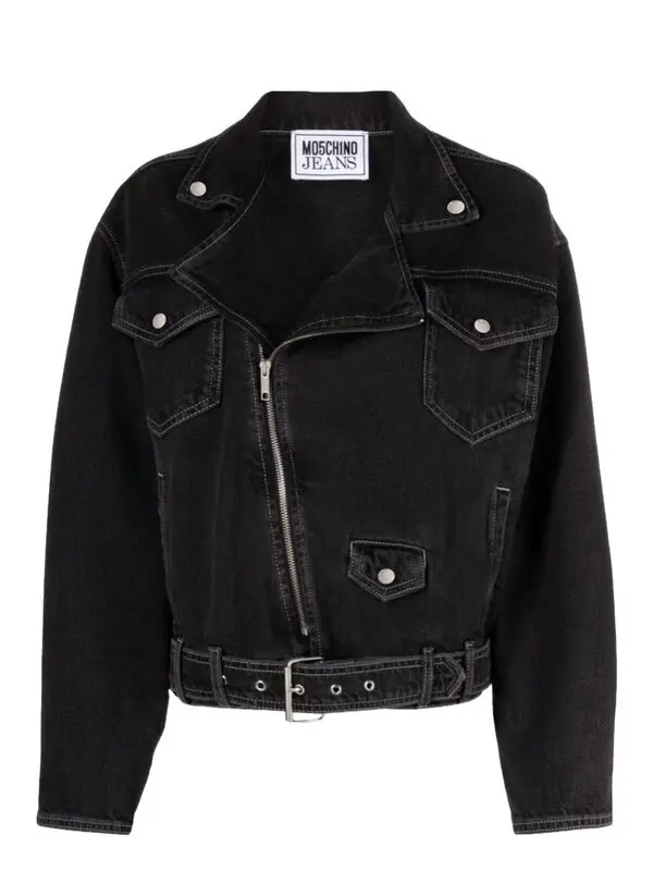 Moschino Zipped Belted Denim Biker Jacket - Black