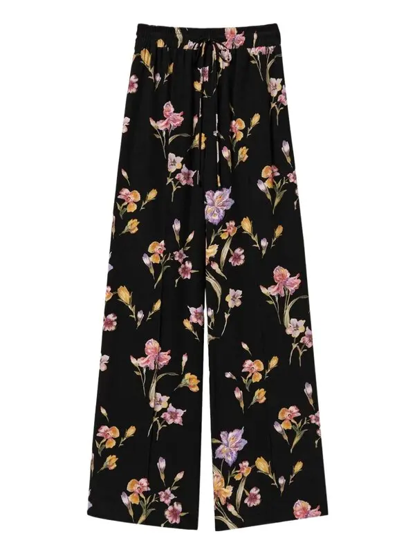 TWINSET Allover Floral Print Wide Leg Trousers - Black