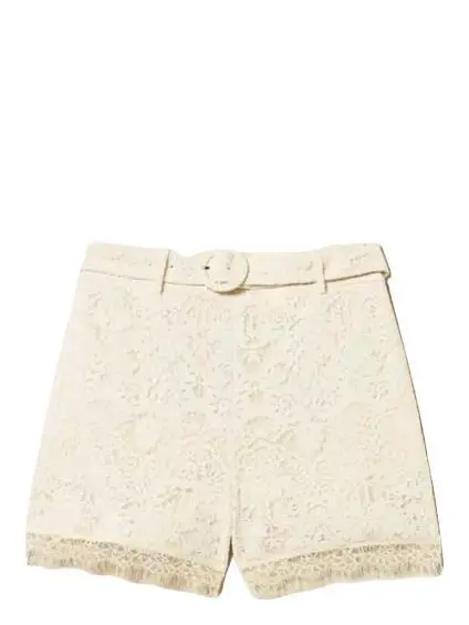 TWINSET Lace Belted Shorts With Detachable Buckled Belt - White
