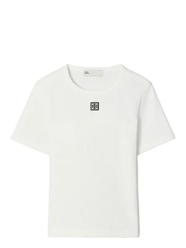 Tory Burch Ribbed T-shirt With Metal Logo Patch - Snow White