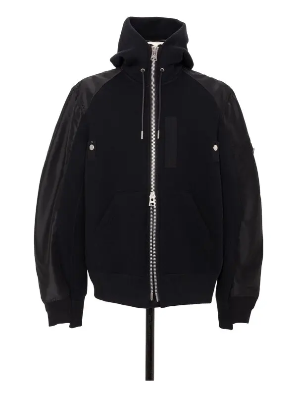 Sacai Hooded Zip-up Jacket With Patchwork Design - Black