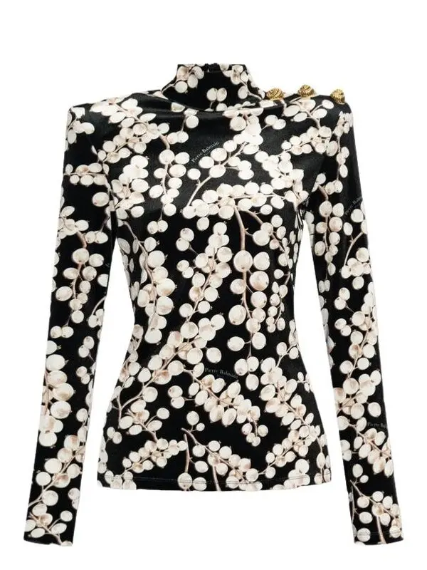 Balmain High-neck Velvet Top With Grape Print - Black