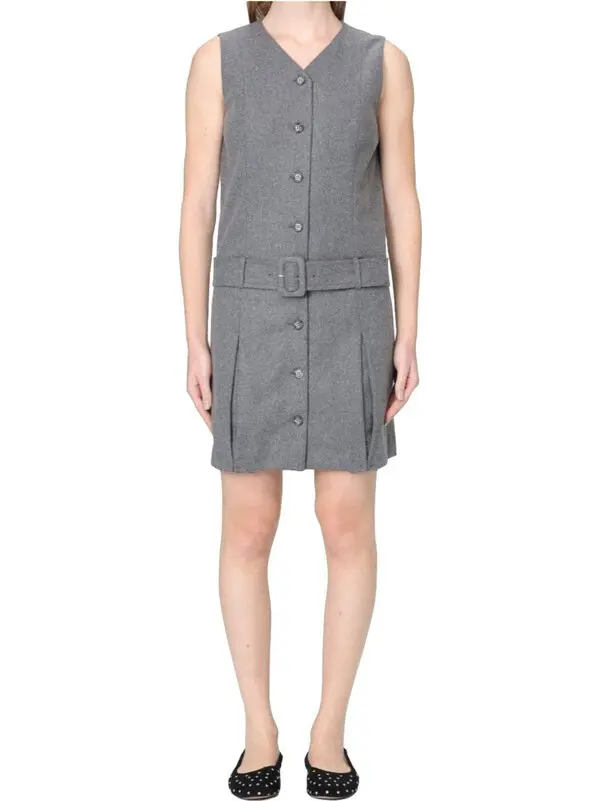A.p.c. V-neck Buttoned Dress With Belt - Gray
