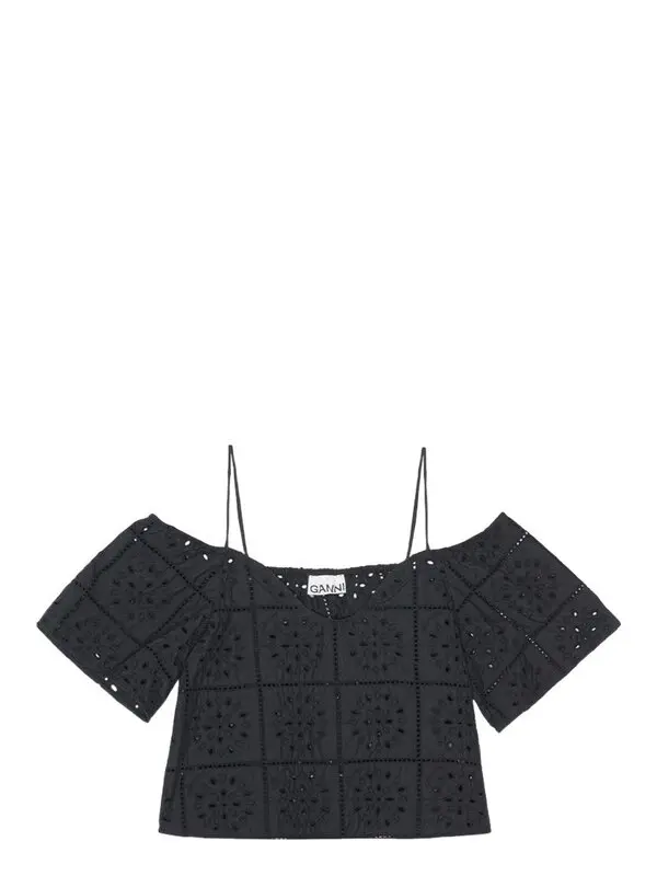 GANNI Embroidered Broderie Anglaise Off-the-shoulder Top - Black