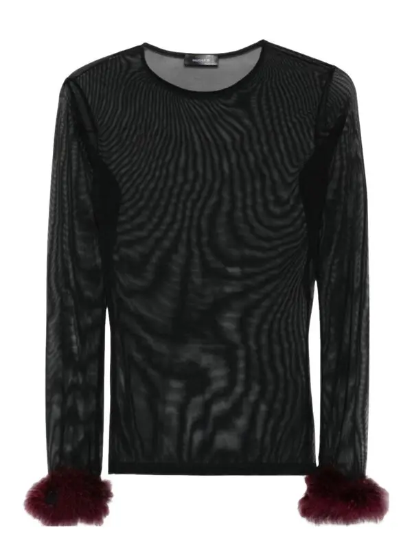MUGLER Mesh Panel Feather Cuff Top - Black