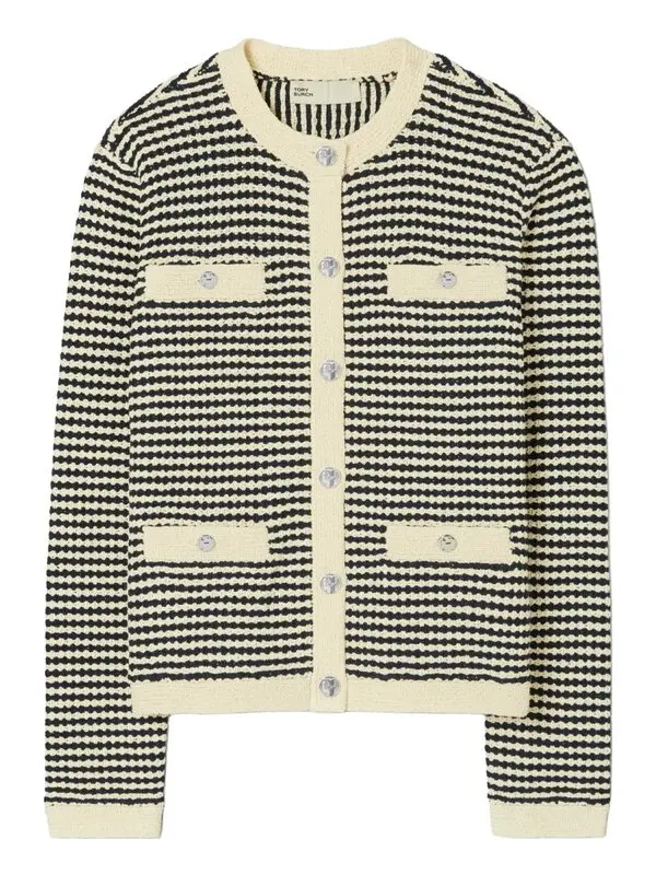 Tory Burch Kendra Knitted Cardigan With Contrasting Trim - Nude