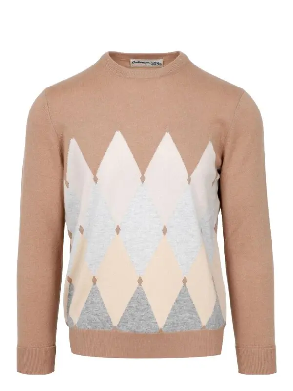 BALLANTYNE Diamond Patterned Long Sleeve Sweater - Cammellobeige