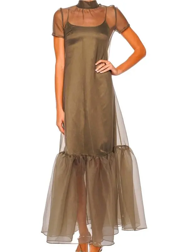 Staud Calluna Sheer Organza Maxi Dress With Bow Detail - Thyme