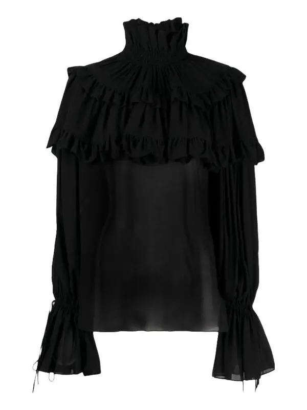 Saint Laurent Tiered Ruffle Blouse With High Neck - Black