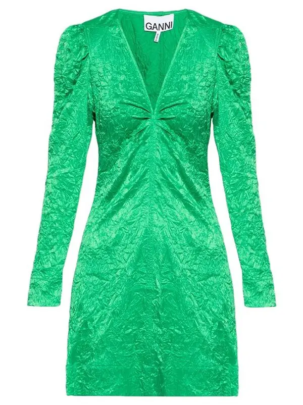 GANNI Crinkled Satin V-neck Mini Dress - Green