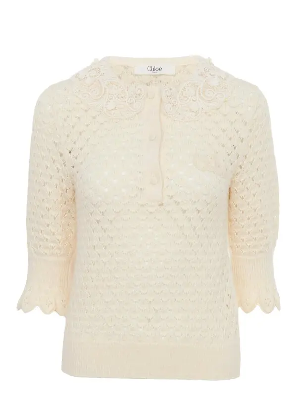 Chloé Lace Trimmed Knitted Polo Shirt - White