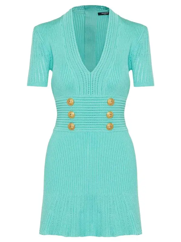 Balmain Short Sleeve V-neck Ribbed Dress With Button Detail - Green