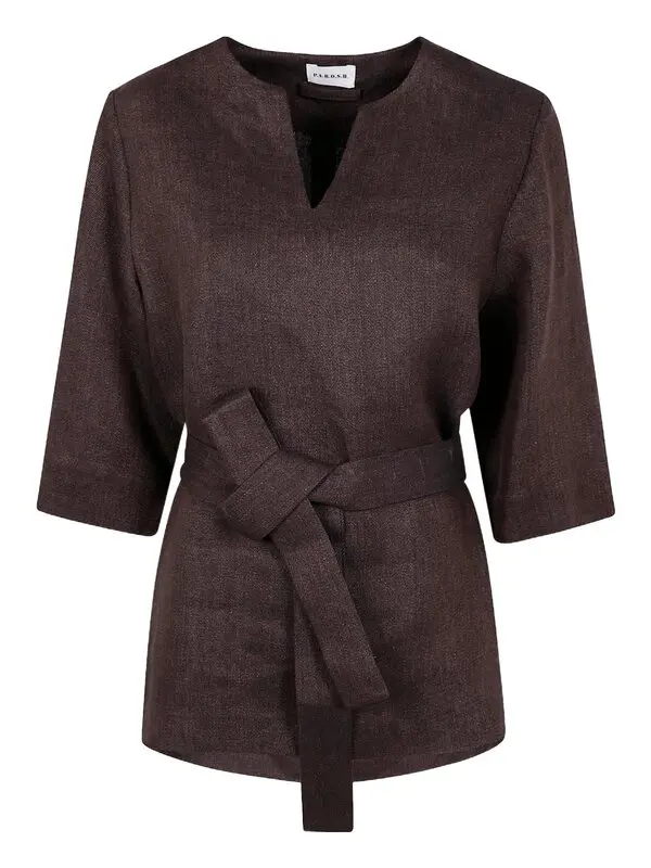 P.a.r.o.s.h Belted V-neck Blouse With Cropped Sleeves - Black