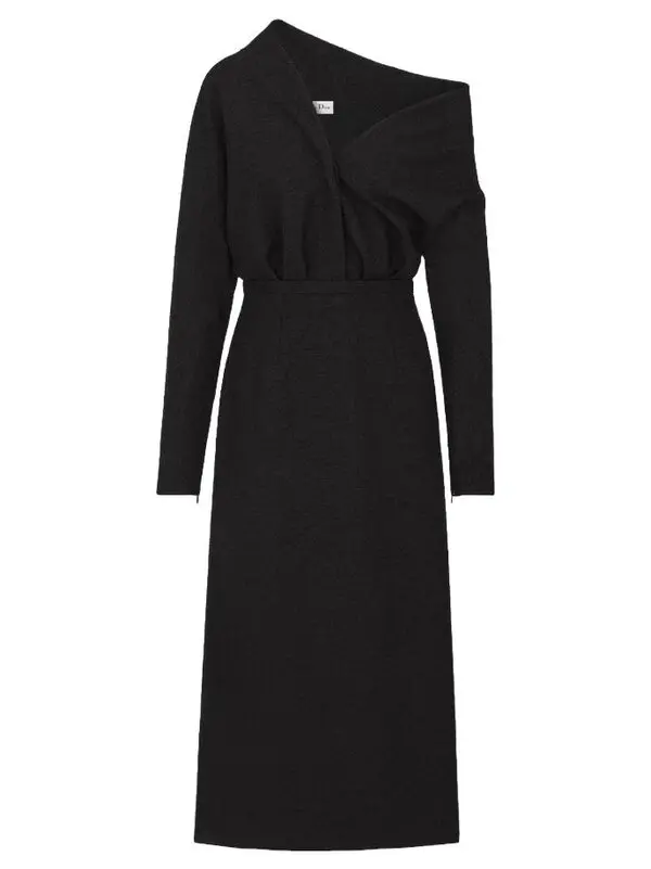 Dior Asymmetrical Dress With Slit Neckline And Pockets - Black