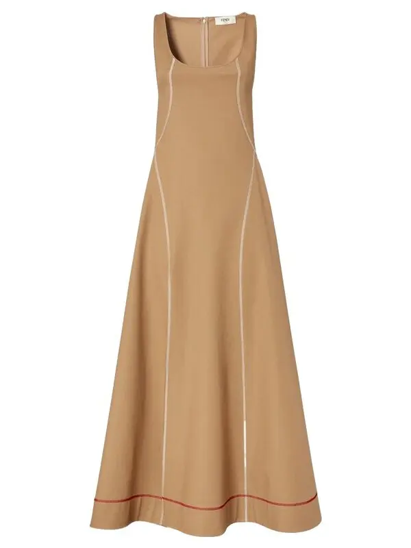 Fendi Sleeveless Square Neck Maxi Dress With Contrast Stitching - Light Brown