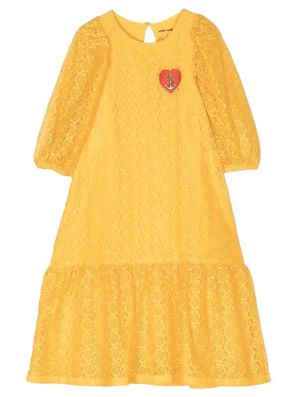 MINI RODINI Balloon Sleeve Lace Dress - Yellow