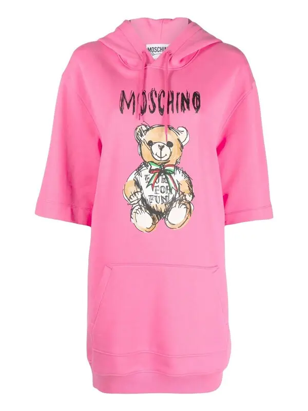 Moschino Teddy Bear Print Organic Cotton Hooded Minidress - Pink