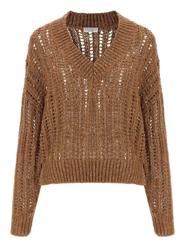 Brunello Cucinelli V-neck Drop Shoulder Jumper With Sequin Accents - Brown