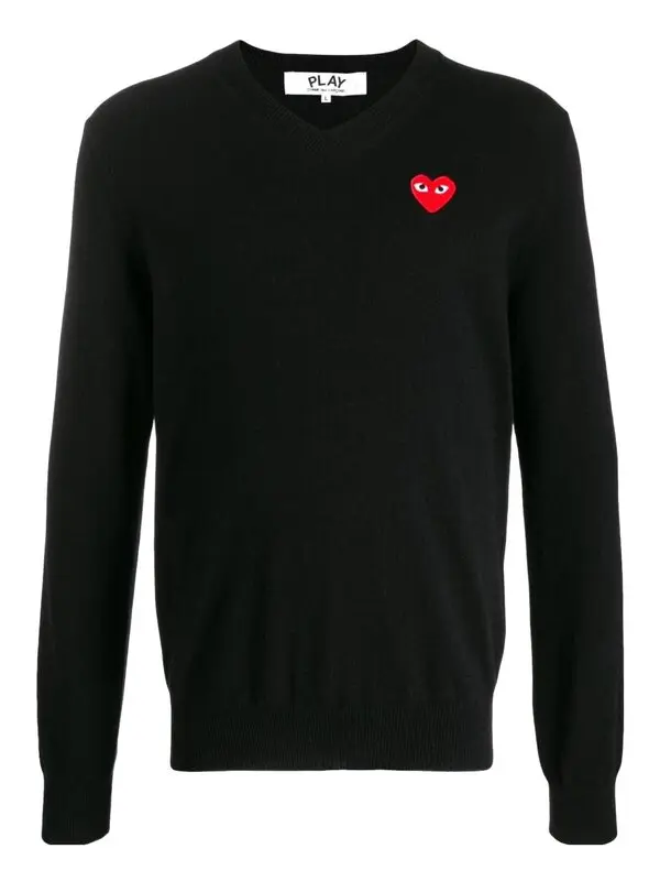 Play Comme Des Garcon Comme Des Garçons Play V-neck Wool Jumper With Heart Appliqu - Black