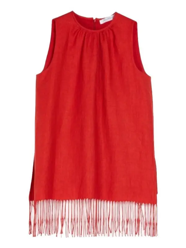 Max Mara Sleeveless Fringed Linen Blouse - Red