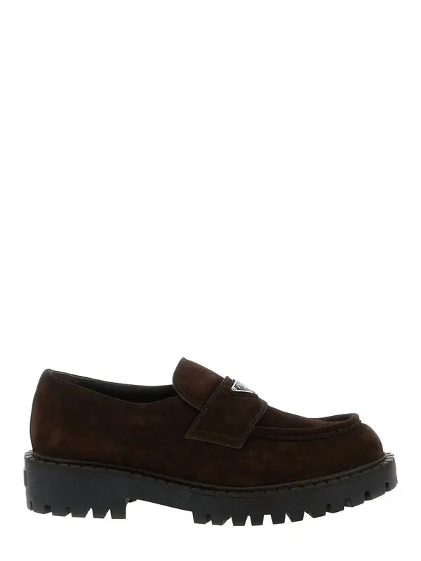 Prada Logo Plaque Round Toe Loafers - Brown