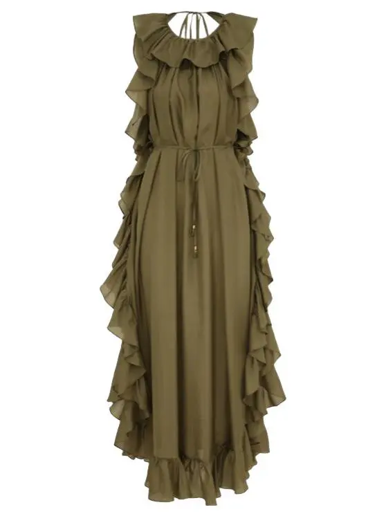 Zimmermann Cascadian Ruffle Midi Dress - Olive