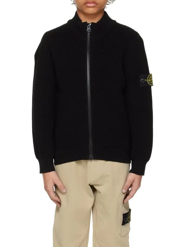 Stone Island Long Sleeve Zip Up Jacket With Logo Detail - Black