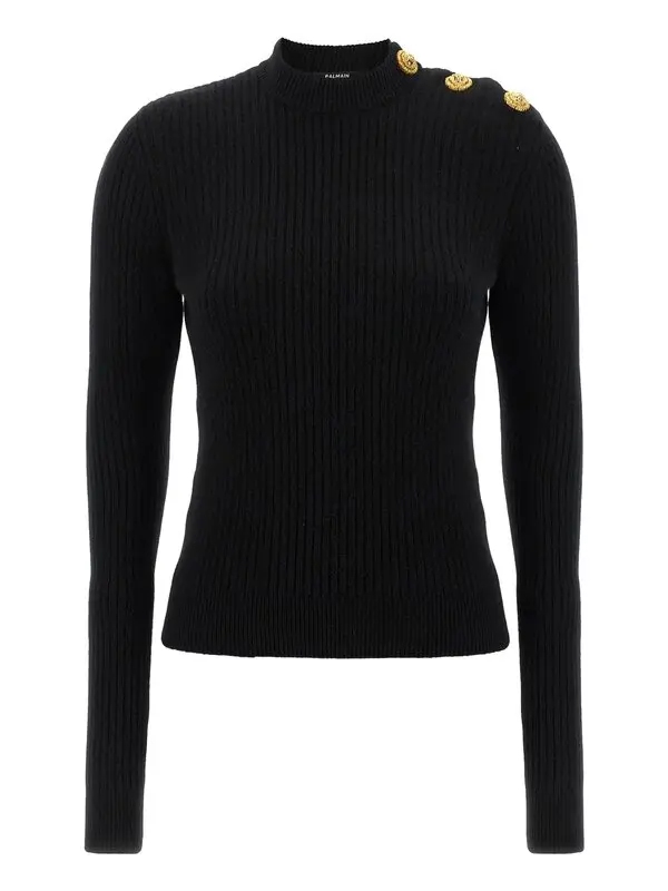 Balmain Ribbed Cashmere And Virgin Wool Pullover With Embellished Buttons - Black