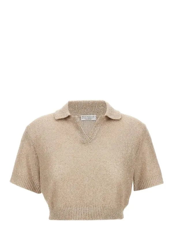 Brunello Cucinelli Sequin Embellished Cropped Polo Shirt - Nude